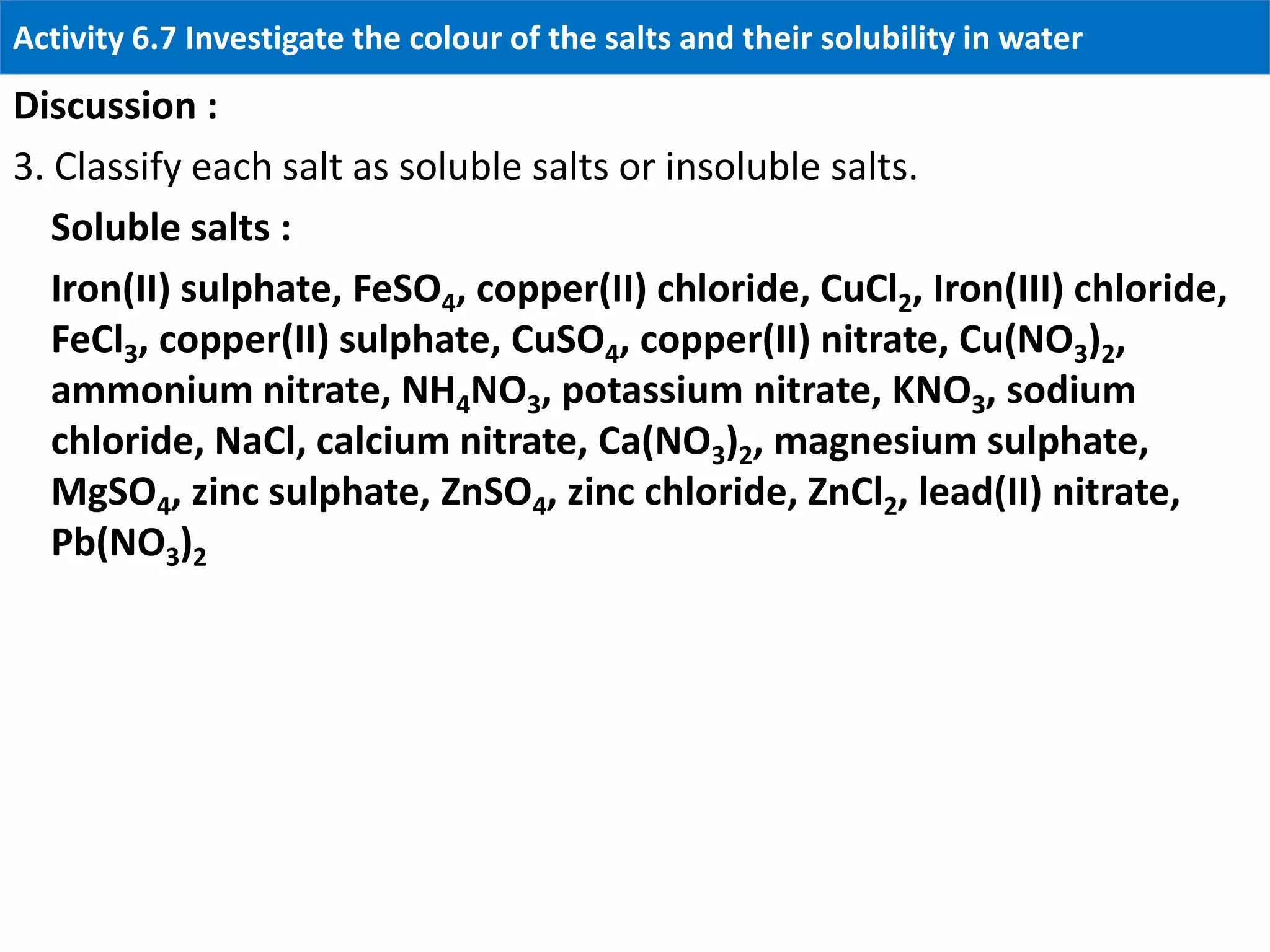 Activity 6.7 Investigate the colour of the salts and their solubility ...