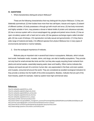 General Zoology Lab - Activity 6 Mollusca | DOCX