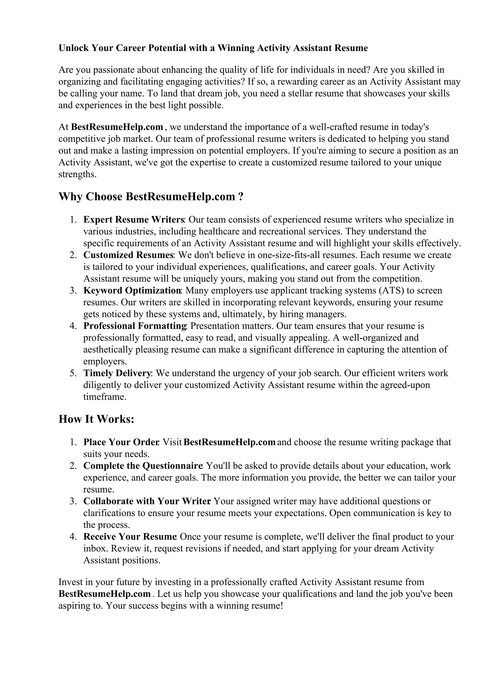 Activity Assistant Resume. Professional Formatting | PDF | Resume ...