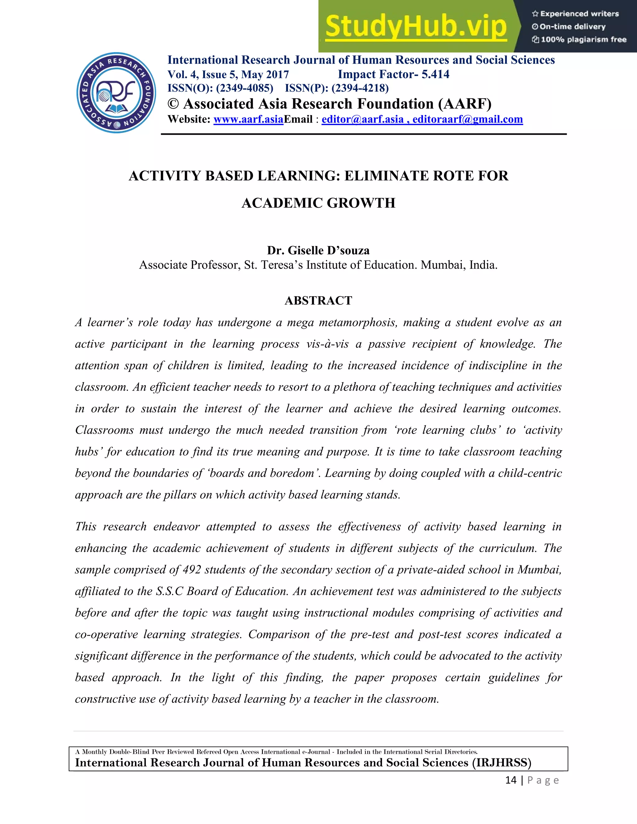 ACTIVITY BASED LEARNING ELIMINATE ROTE FOR ACADEMIC GROWTH Impact ...