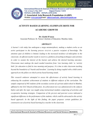 ACTIVITY BASED LEARNING ELIMINATE ROTE FOR ACADEMIC GROWTH Impact ...