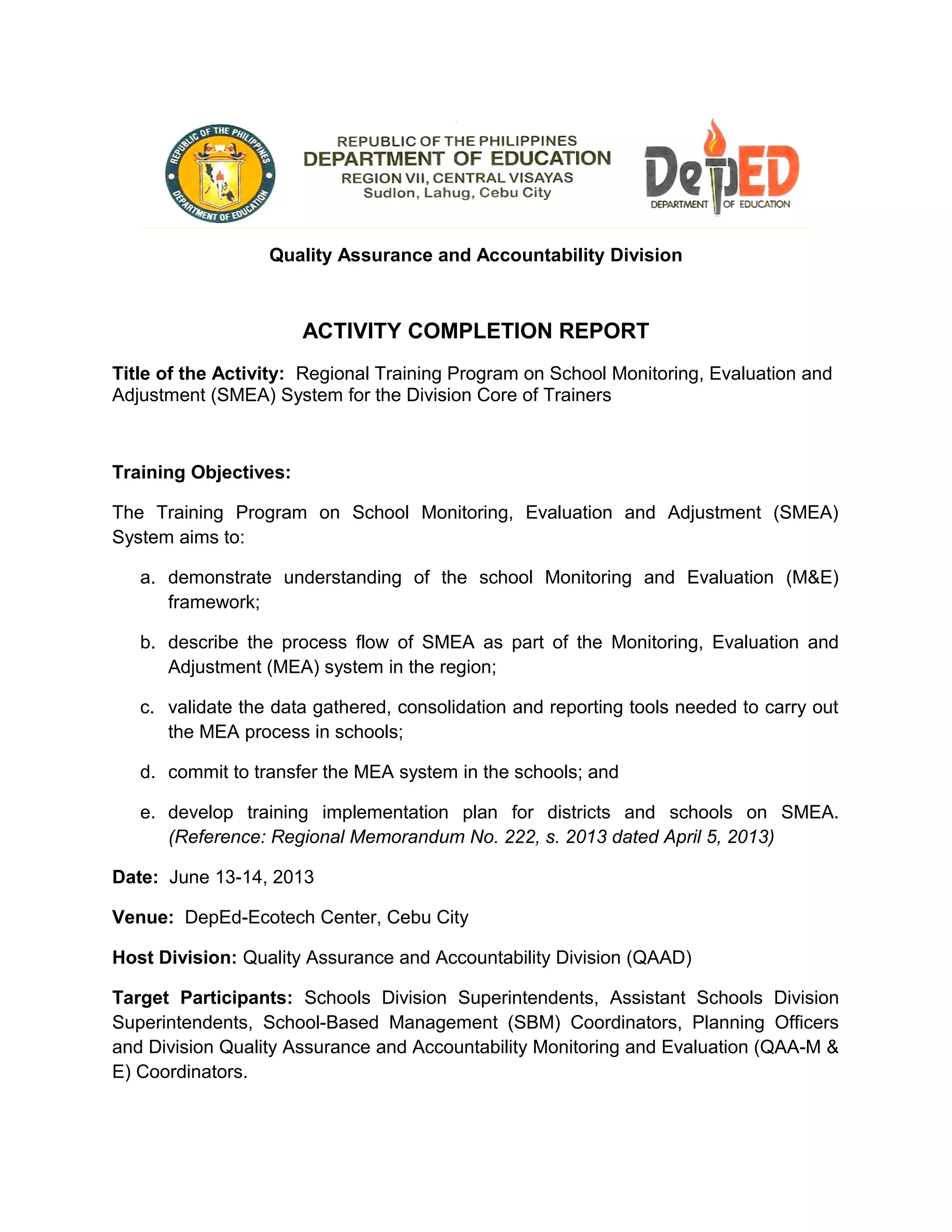 School Monitoring, Evaluation and Adjustment (SMEA): Activity ...