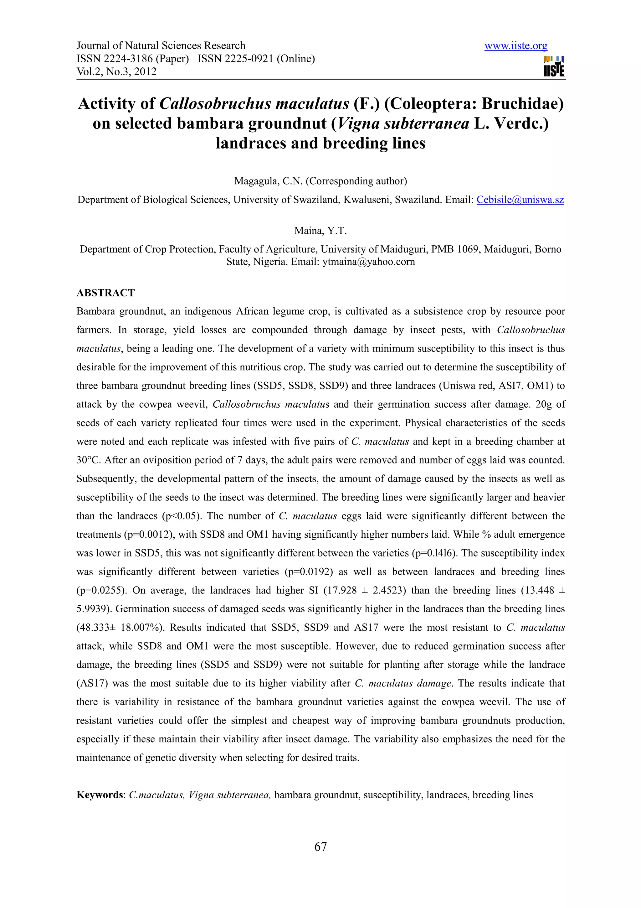 Activity of callosobruchus maculatus (f.) (coleoptera bruchidae) on ...