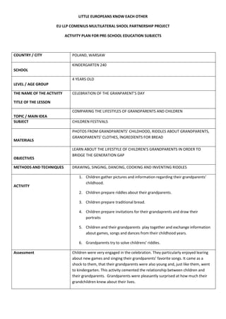 Activity plan children festivals- grandparents' day | DOCX | Daycare ...