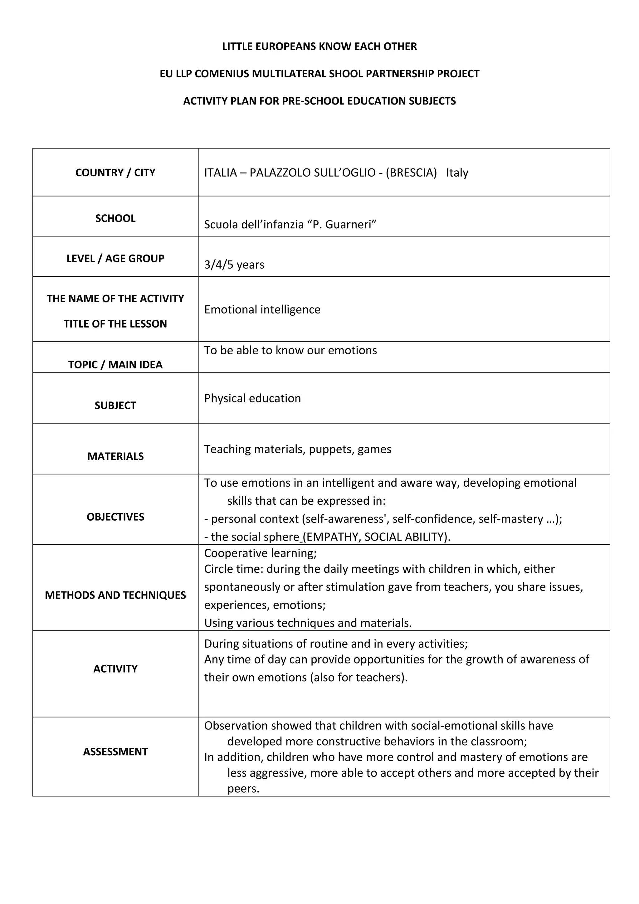 Activity plan (13)emotional intelligence | DOC | Parenting | Family and ...