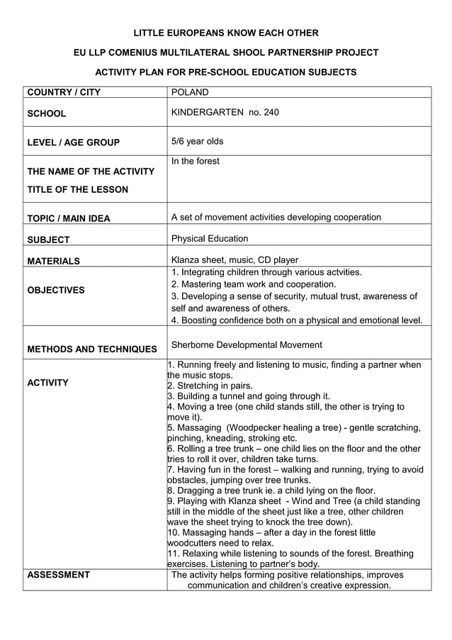 Activity plan physical activity english | DOC | Parenting | Family and Relationships