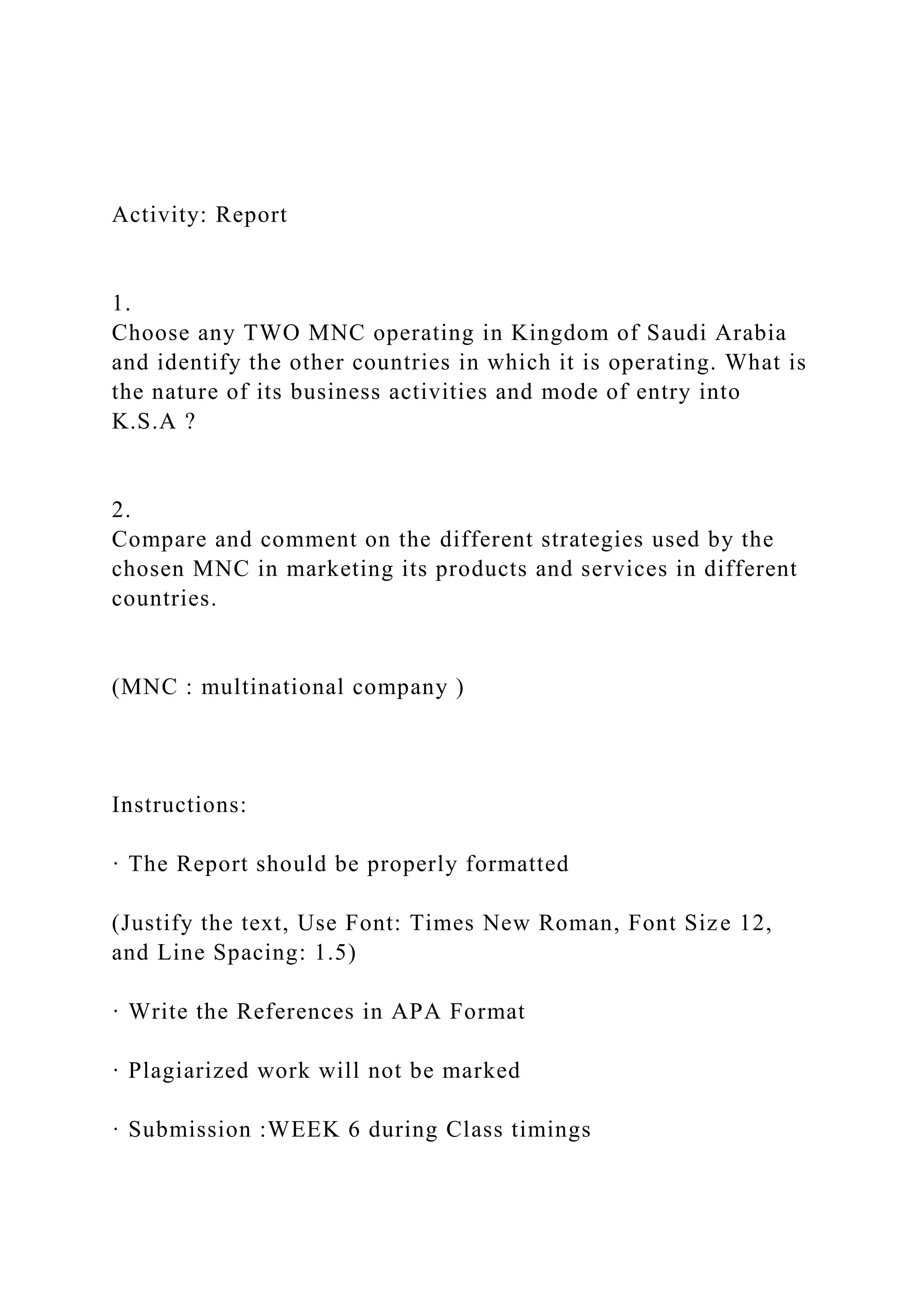 Activity Report 1. Choose any TWO MNC operating in King.docx