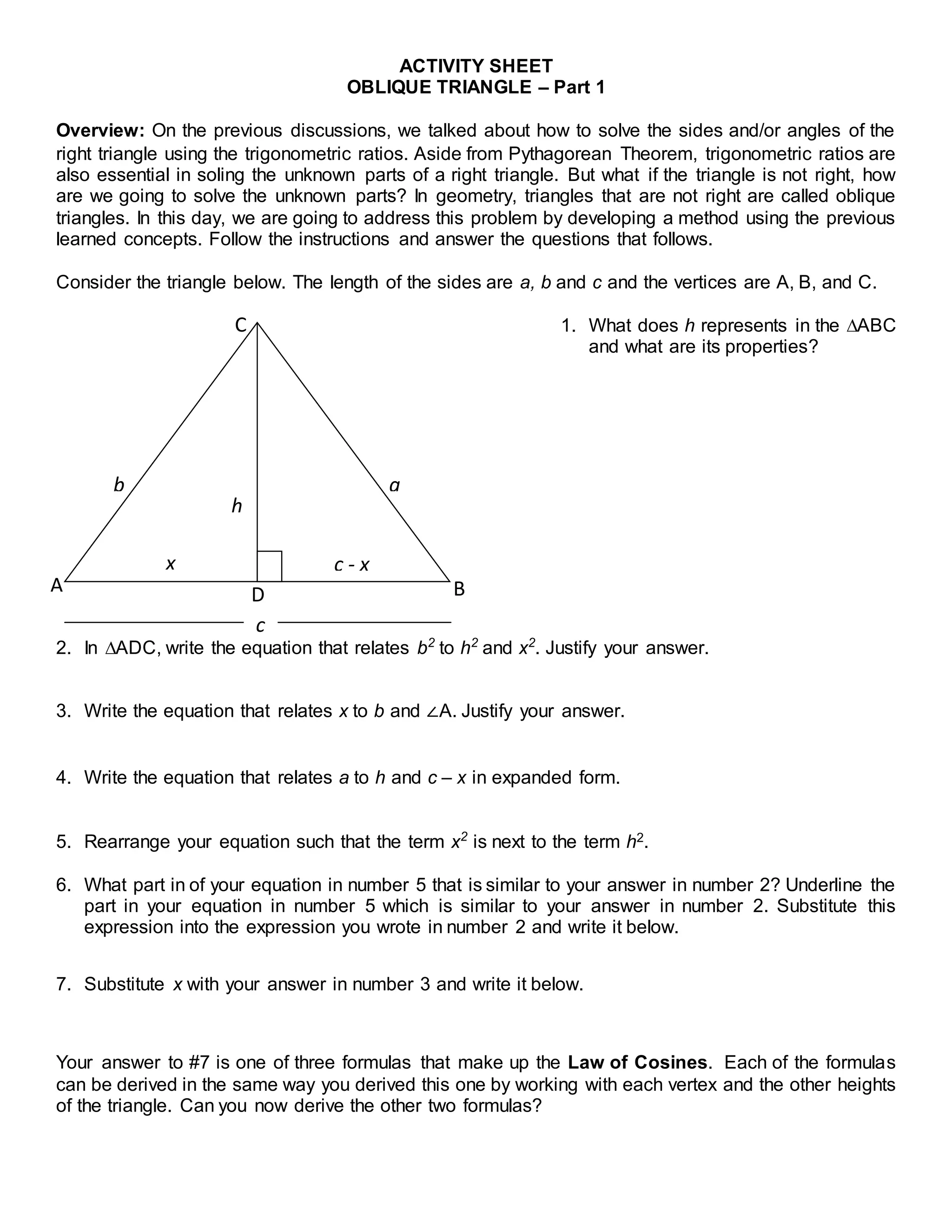 SBTP - Activity sheet for proving law of sines and cosines DavNor Div ...