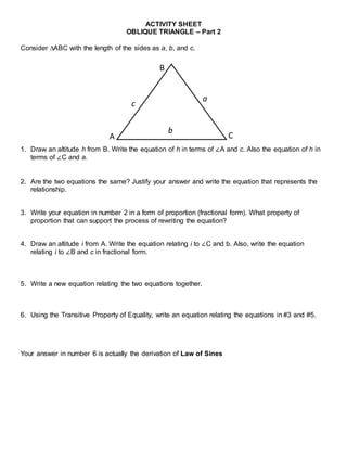 SBTP - Activity sheet for proving law of sines and cosines DavNor Div ...