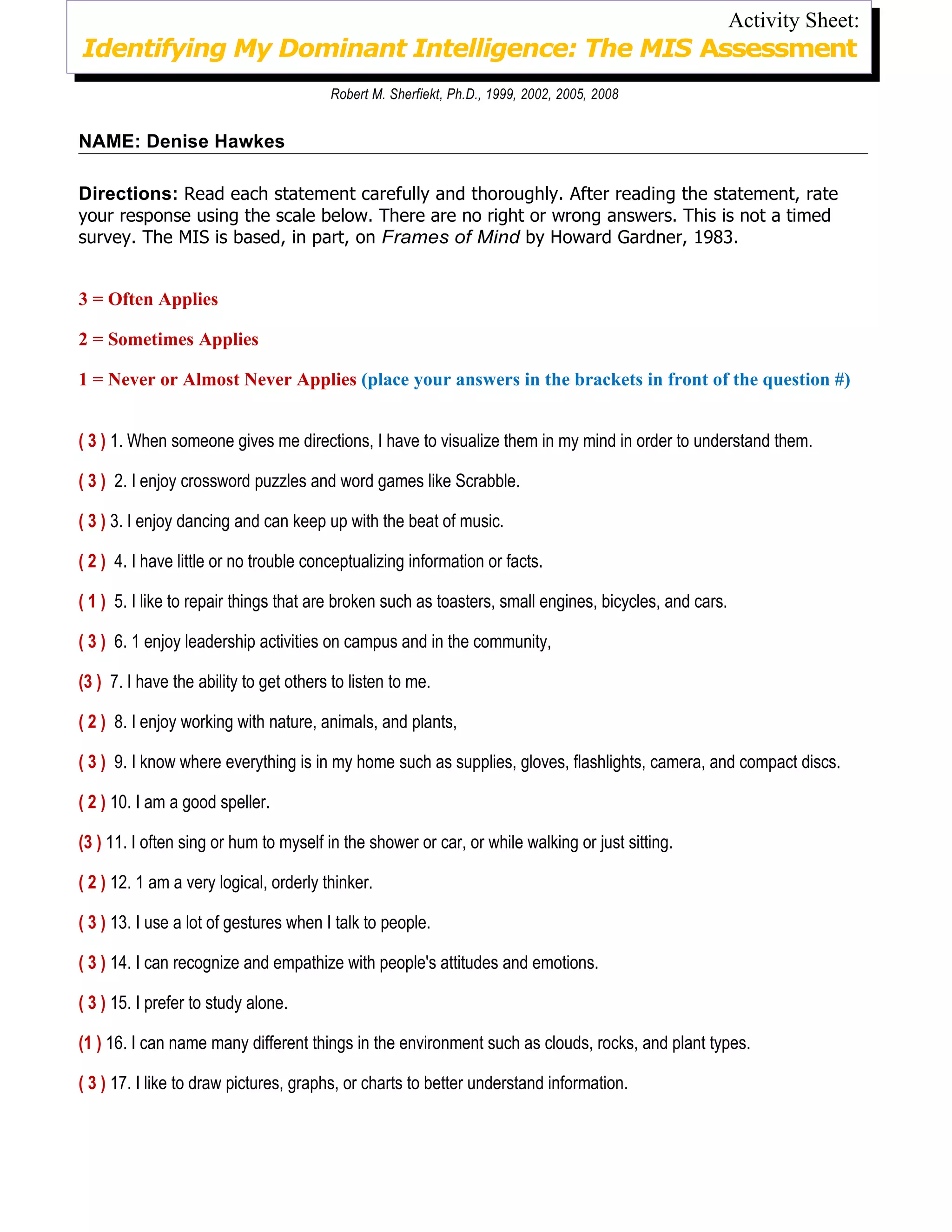 Activity sheet dominant intelligence learning style | PDF