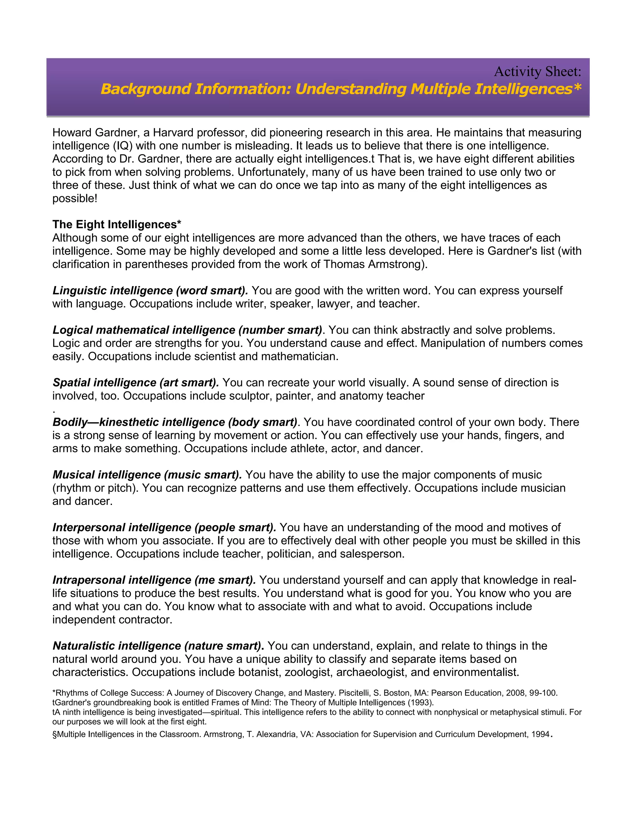 Activity sheet prioritize your intelligences | DOCX