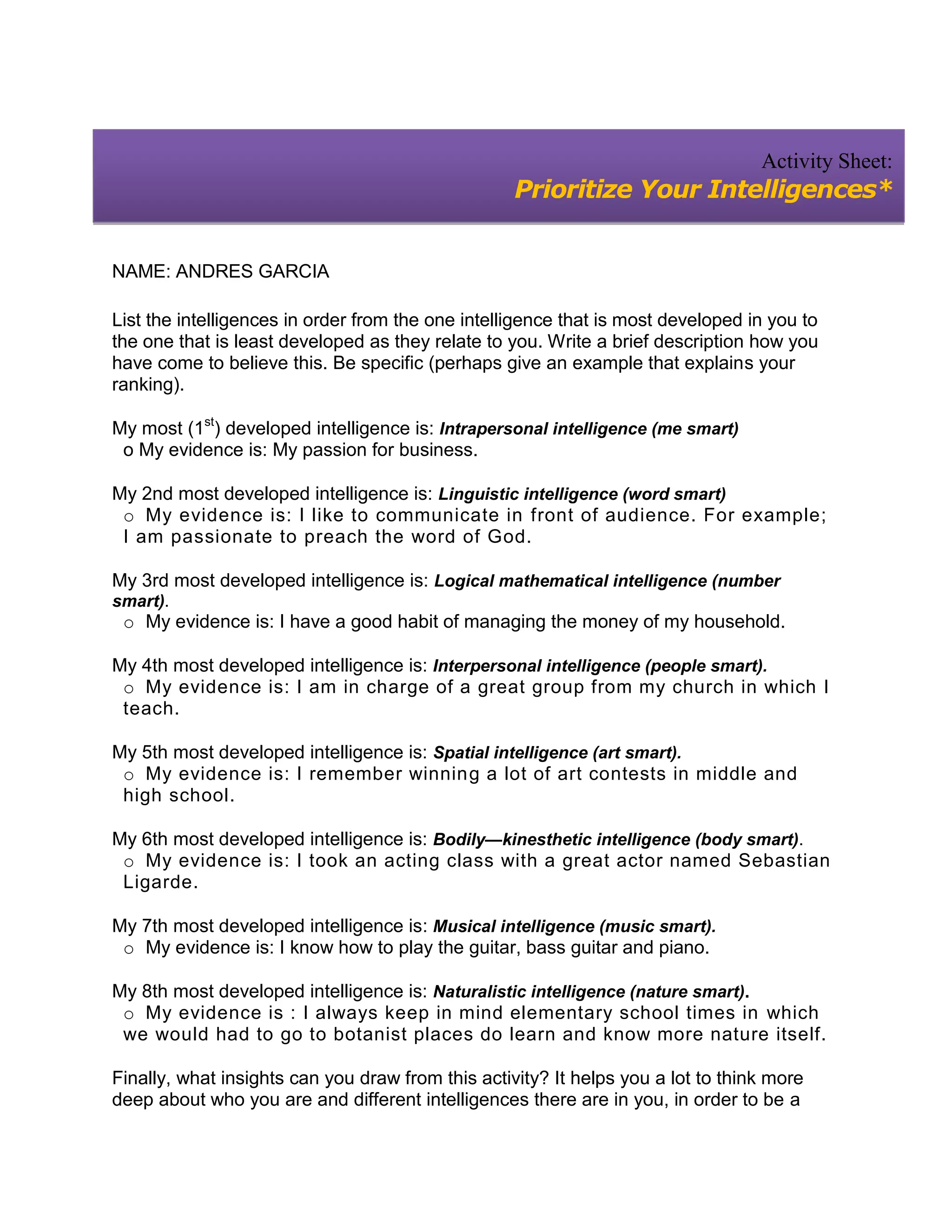 Activity sheet prioritize your intelligences | DOCX