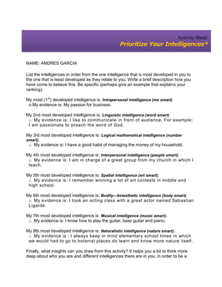 Activity sheet prioritize your intelligences | DOCX