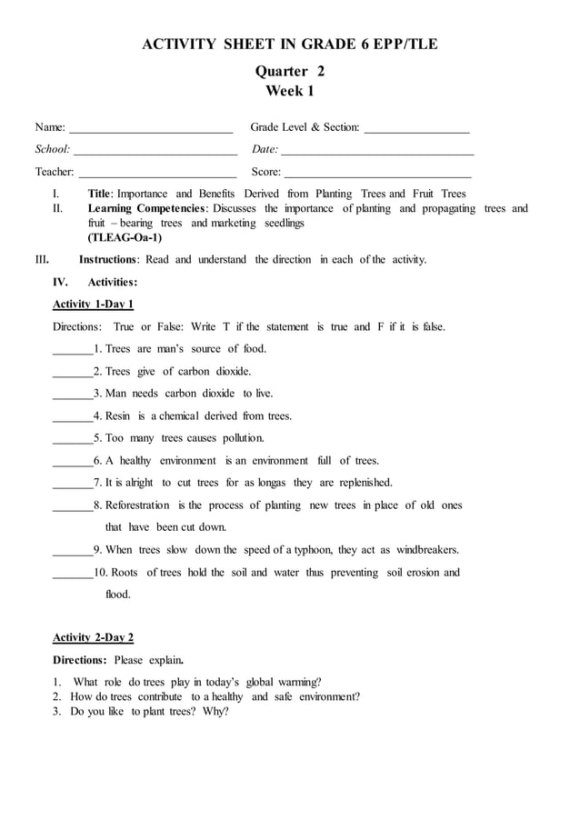 Activity sheet in grade 6 epp | DOCX | Environment | Science