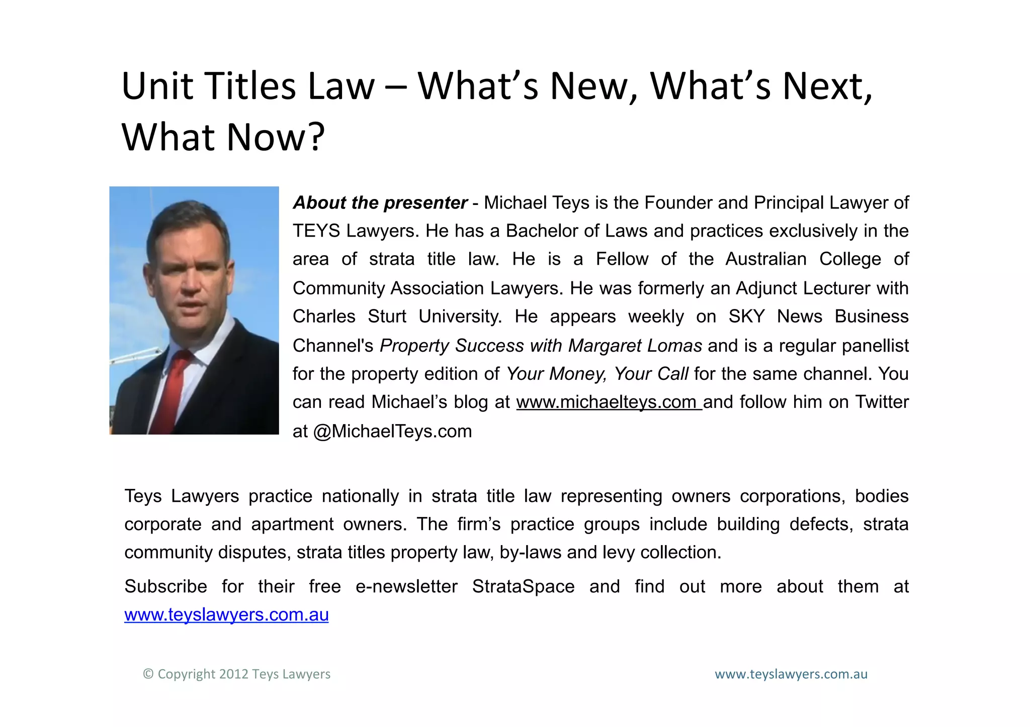 ACT OCN - Unit Titles Law - What's New, What's Next, What Now? | PDF