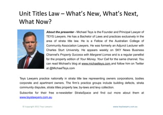 ACT OCN - Unit Titles Law - What's New, What's Next, What Now? | PDF