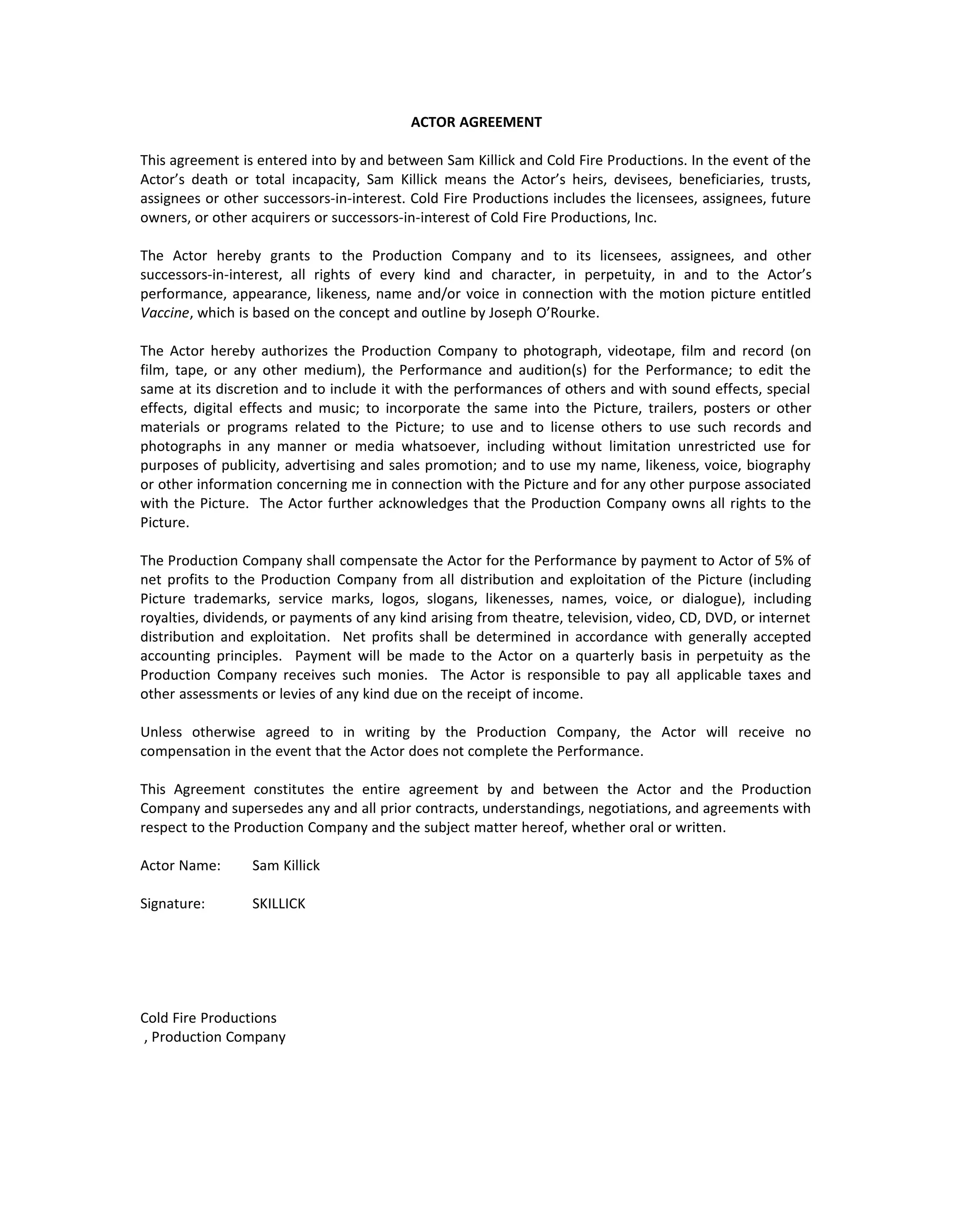 Actor agreement | DOC | Theater | Fine Art