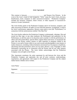 Actor agreement form | DOC | Video Production | Content Production