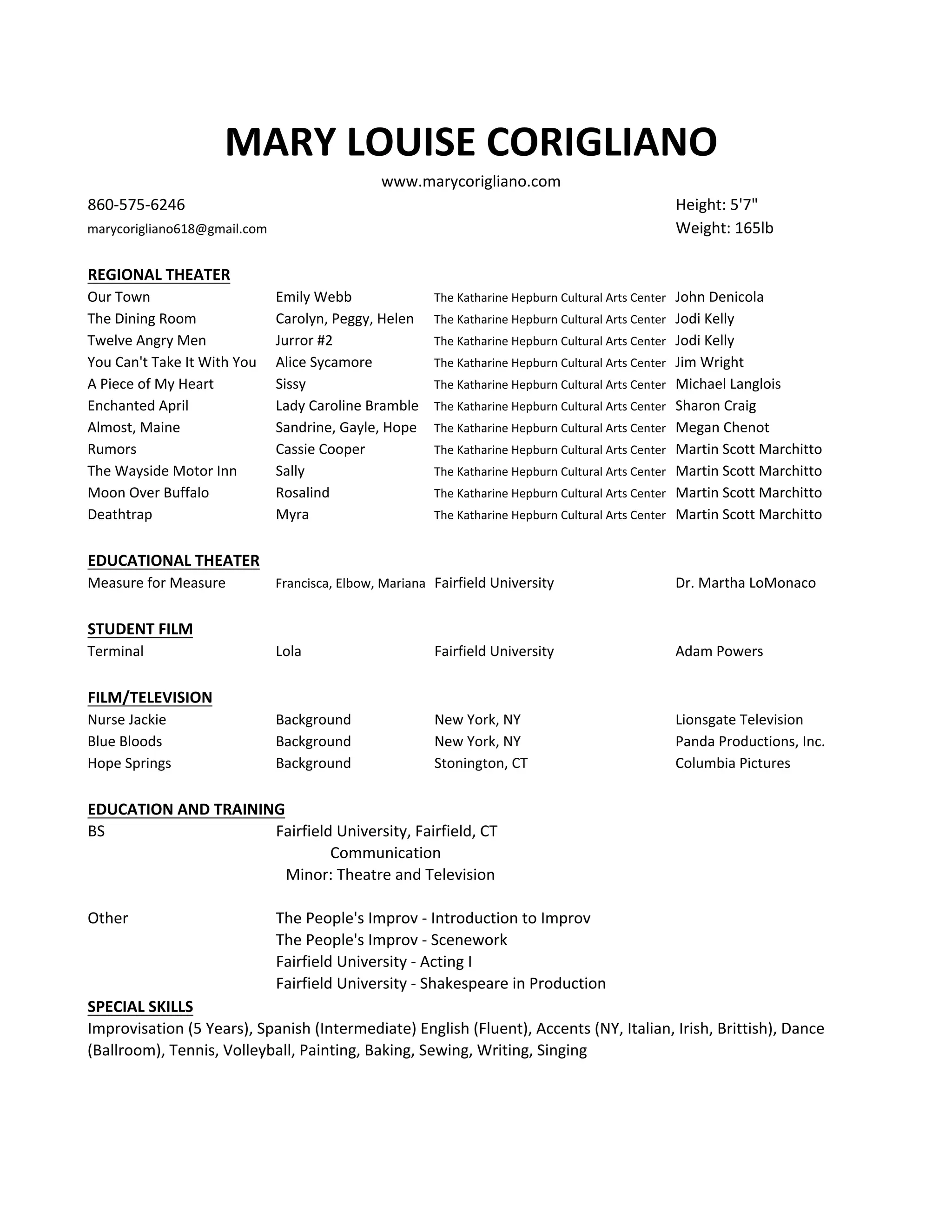 Mary Corigliano's Acting Resume | PDF