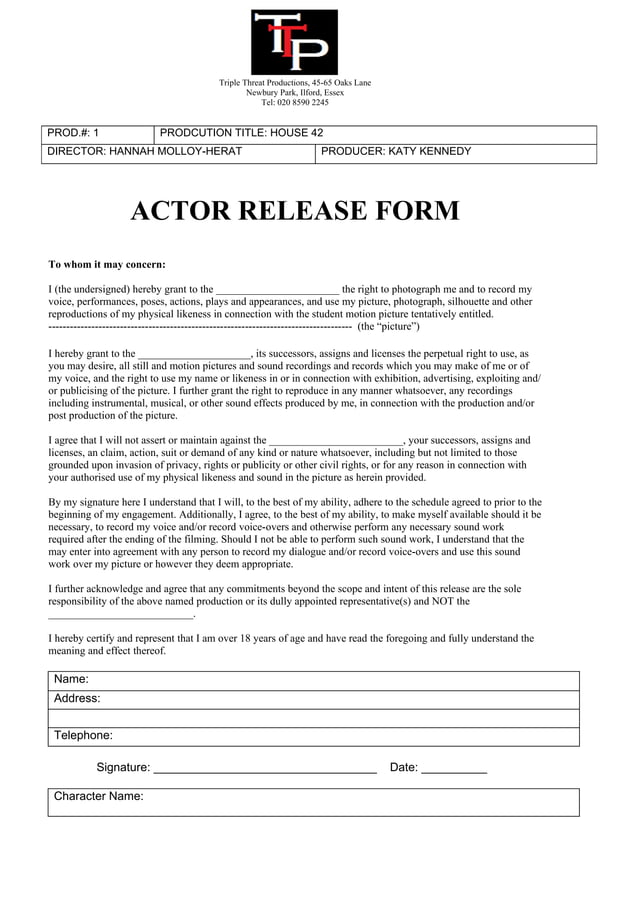 Actor release form | DOC | Law