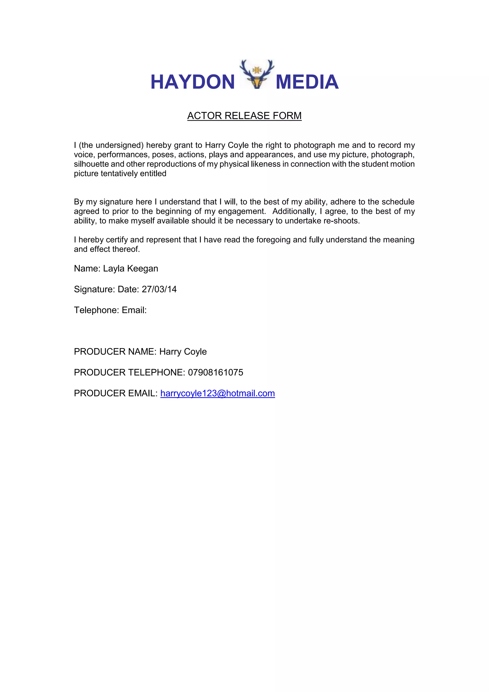 Actor release layla | DOCX | Arts and Crafts | Hobbies & Interests