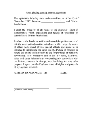 Actress playing casting contract agreement | DOCX