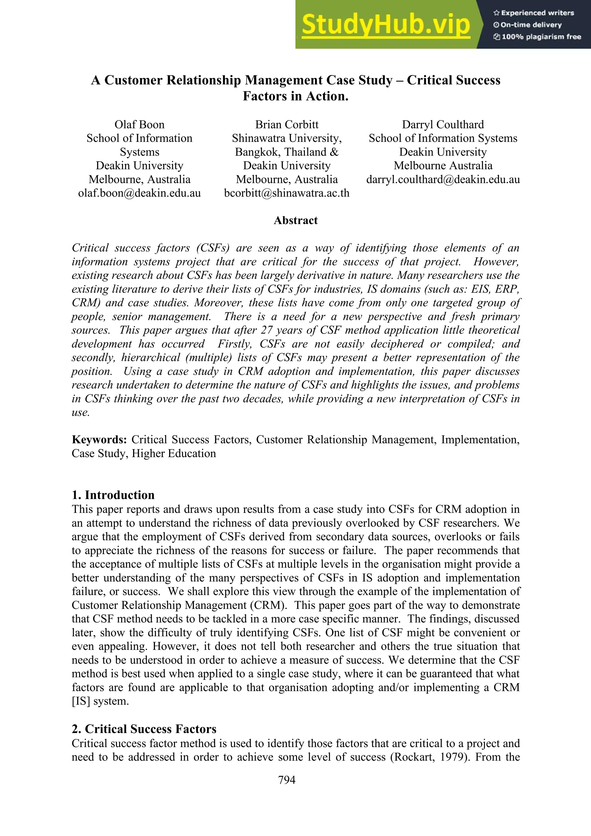 A Customer Relationship Management Case Study Critical Success Factors In Action | PDF