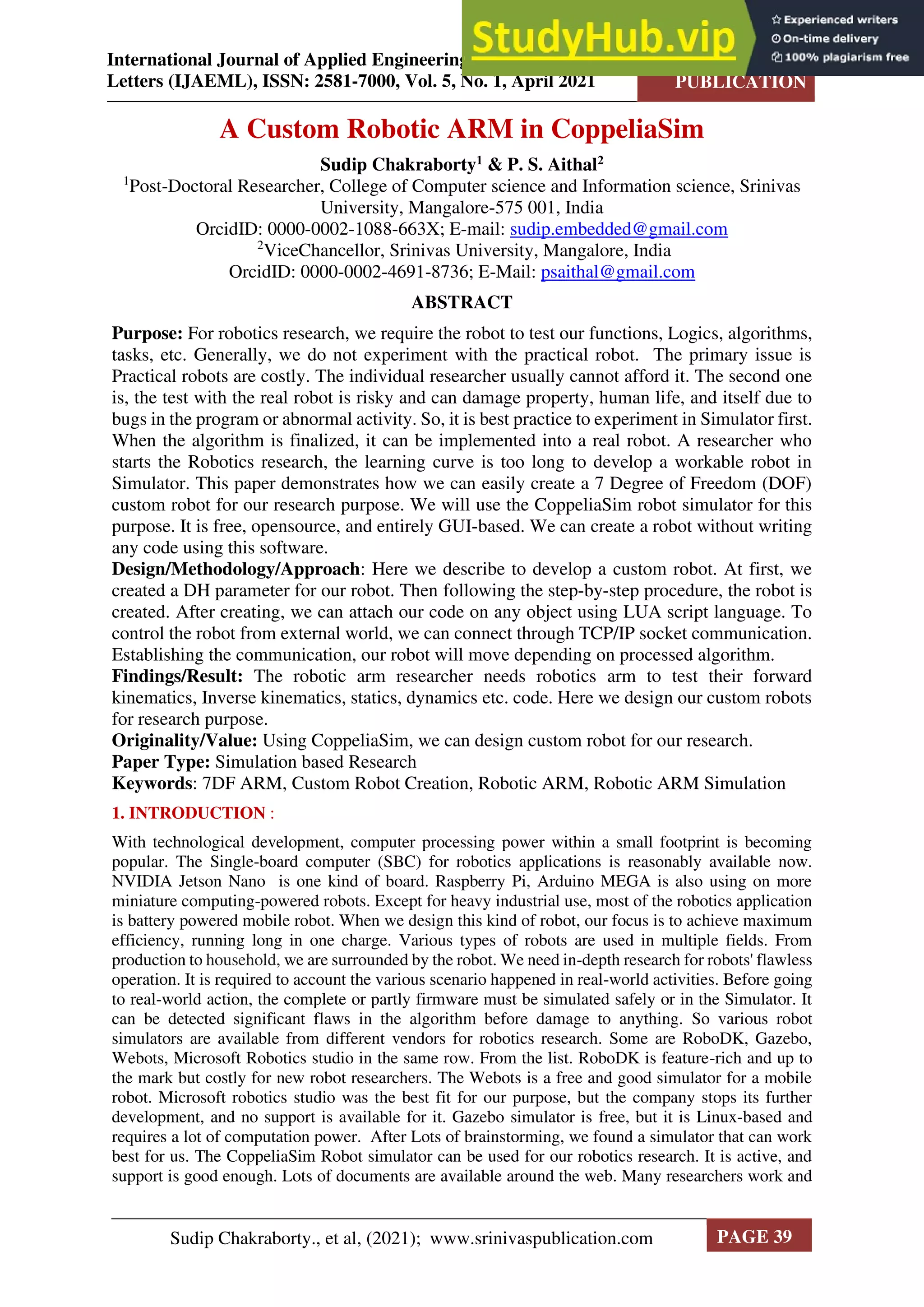 A Custom Robotic ARM In CoppeliaSim | PDF