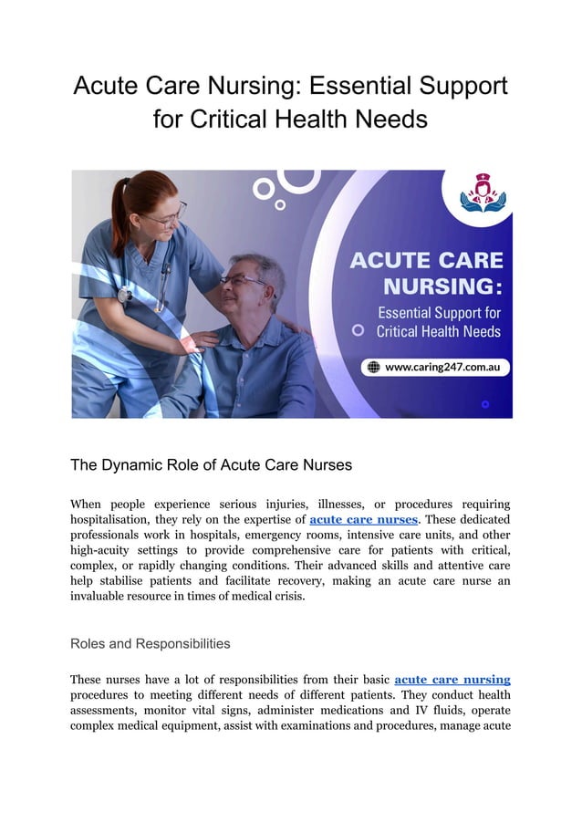 Acute Care Nursing: Essential Support for Critical Health Challenges | PDF