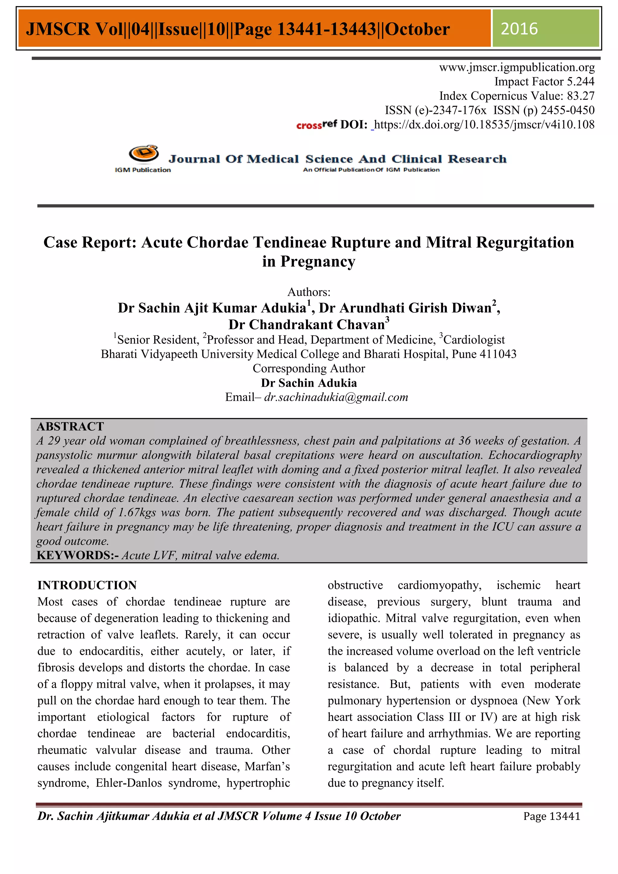 Acute chordae tendineae rupture and mitral regurgitation.. jsmcr oct ...