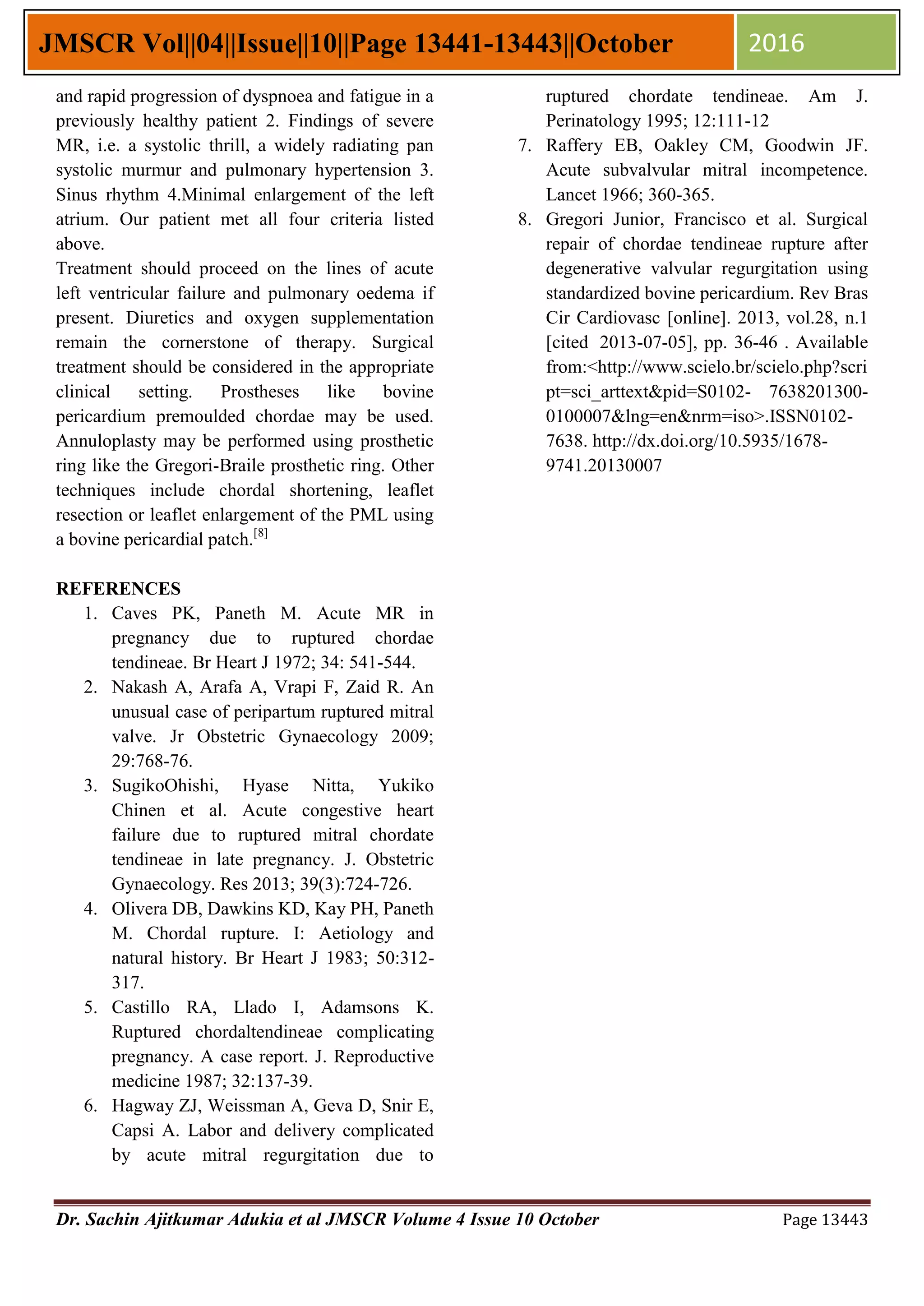 Acute chordae tendineae rupture and mitral regurgitation.. jsmcr oct ...
