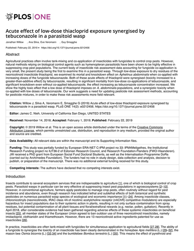 Acute effect of low dose thiacloprid exposure synergised by ...