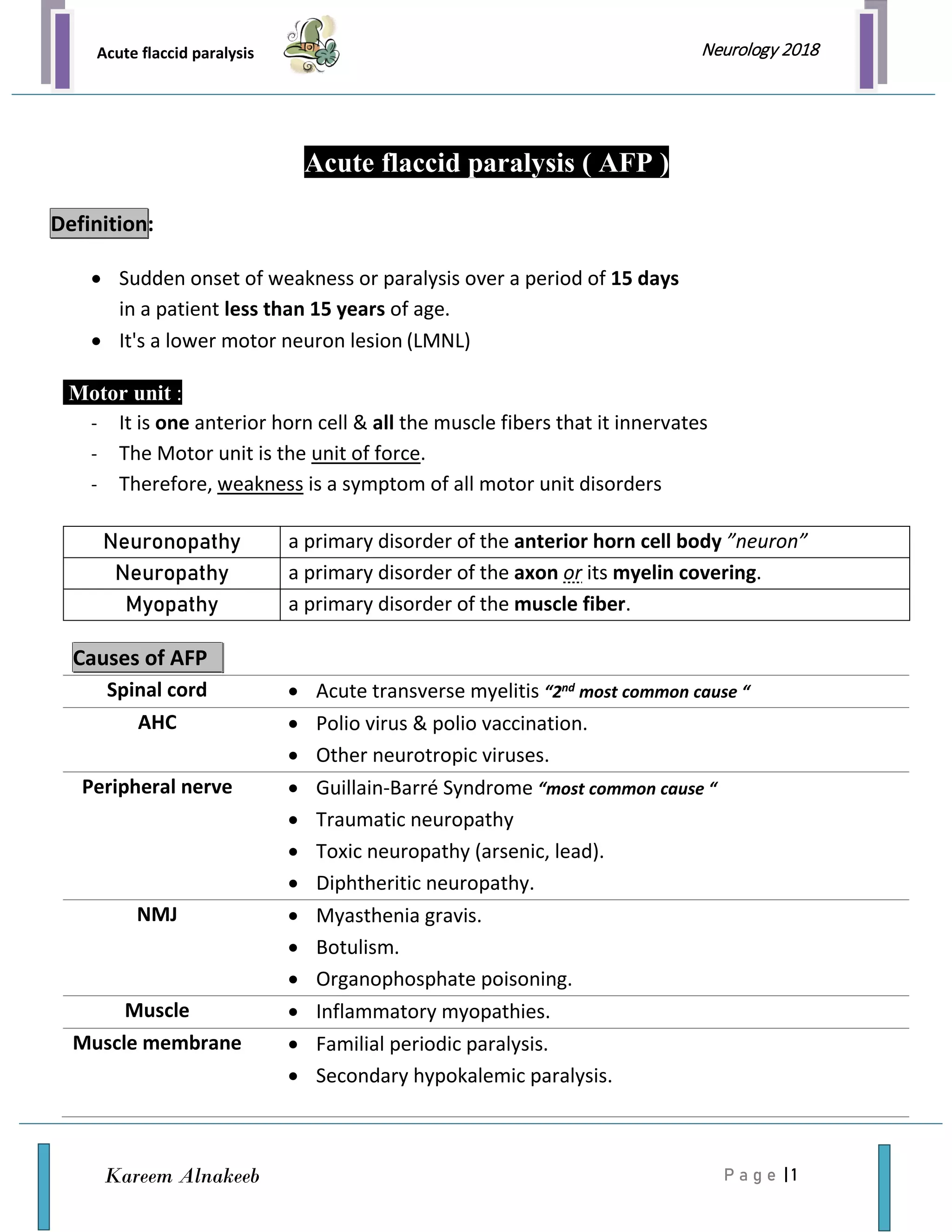 Acute flaccid paralysis; Pediatrics 2018 | PDF