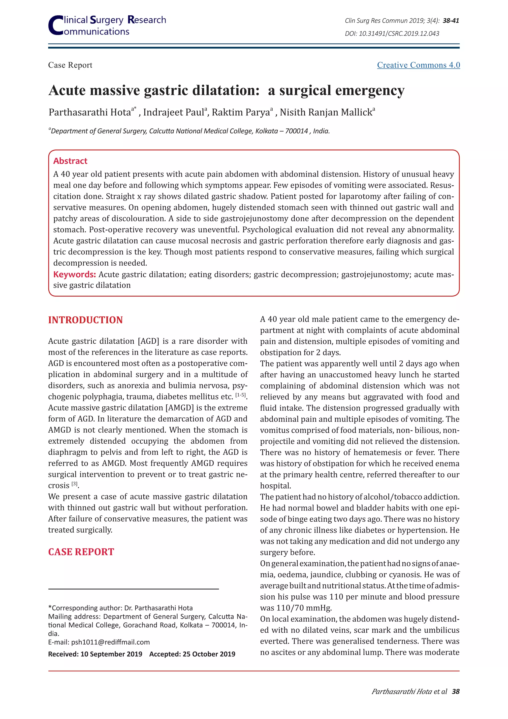 Acute massive gastric dilatation a surgical emergency | PDF