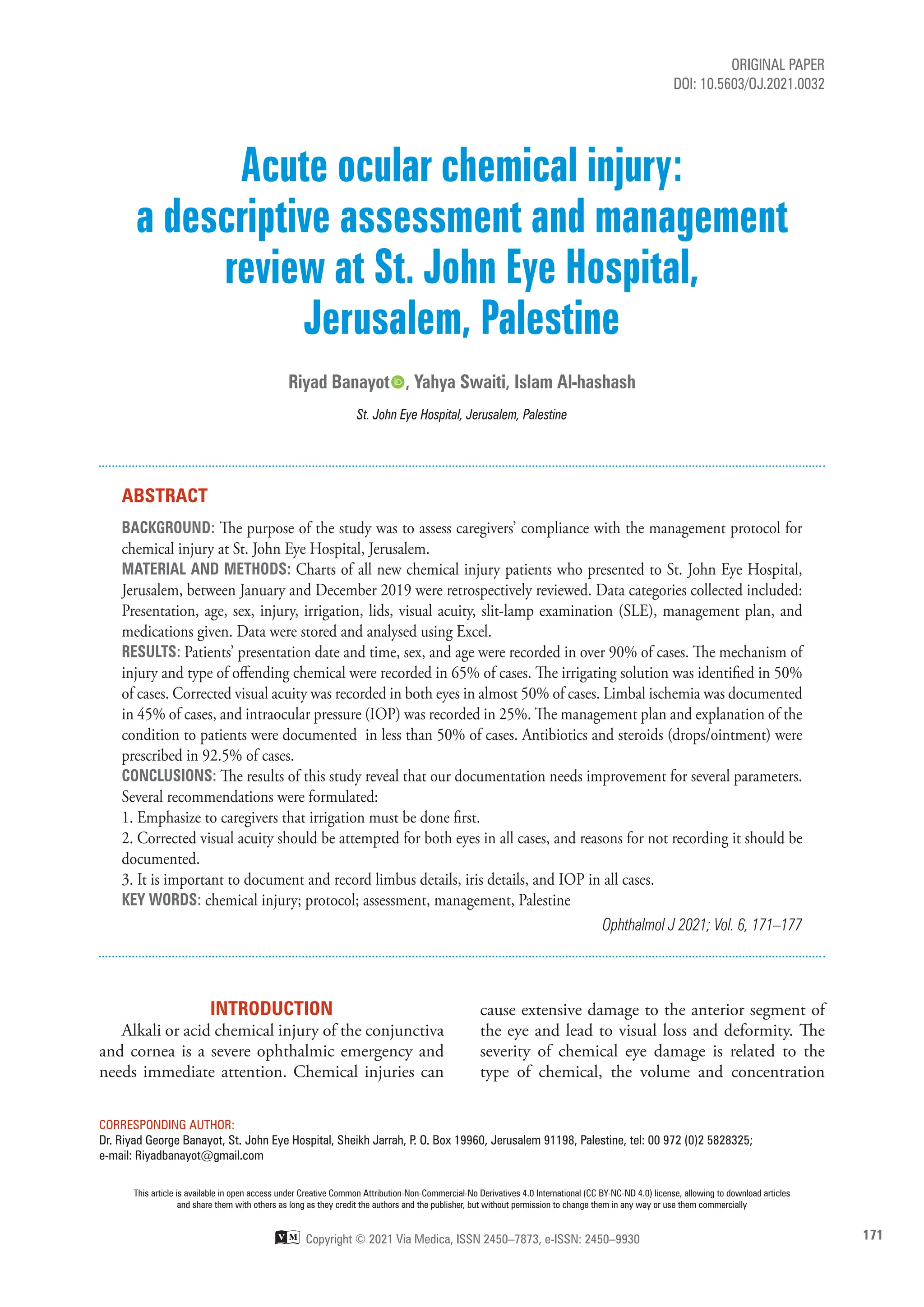 Acute ocular chemical injury A descriptive assessment and management review at SJEH Jerusalem ...