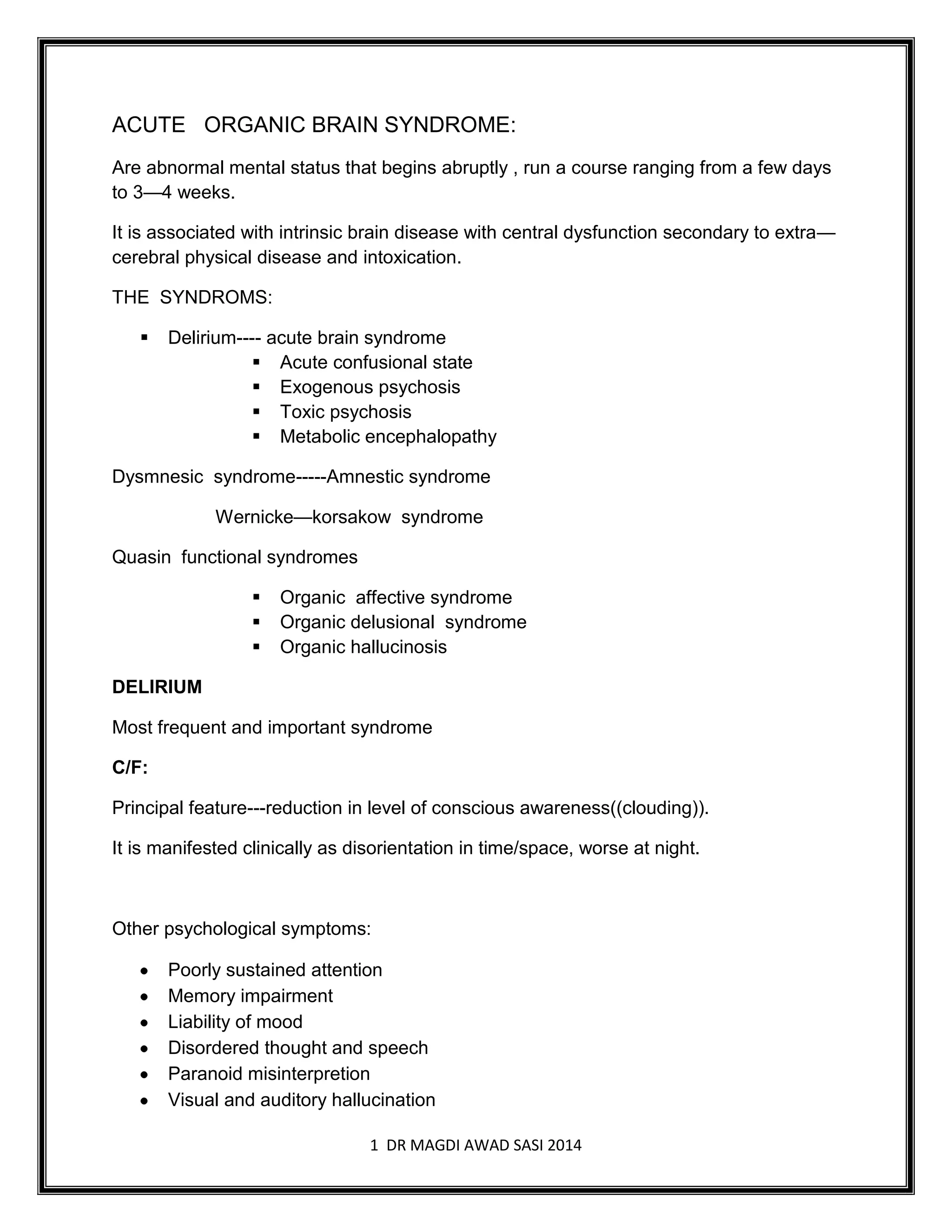 Acute organic brain syndrome | DOCX