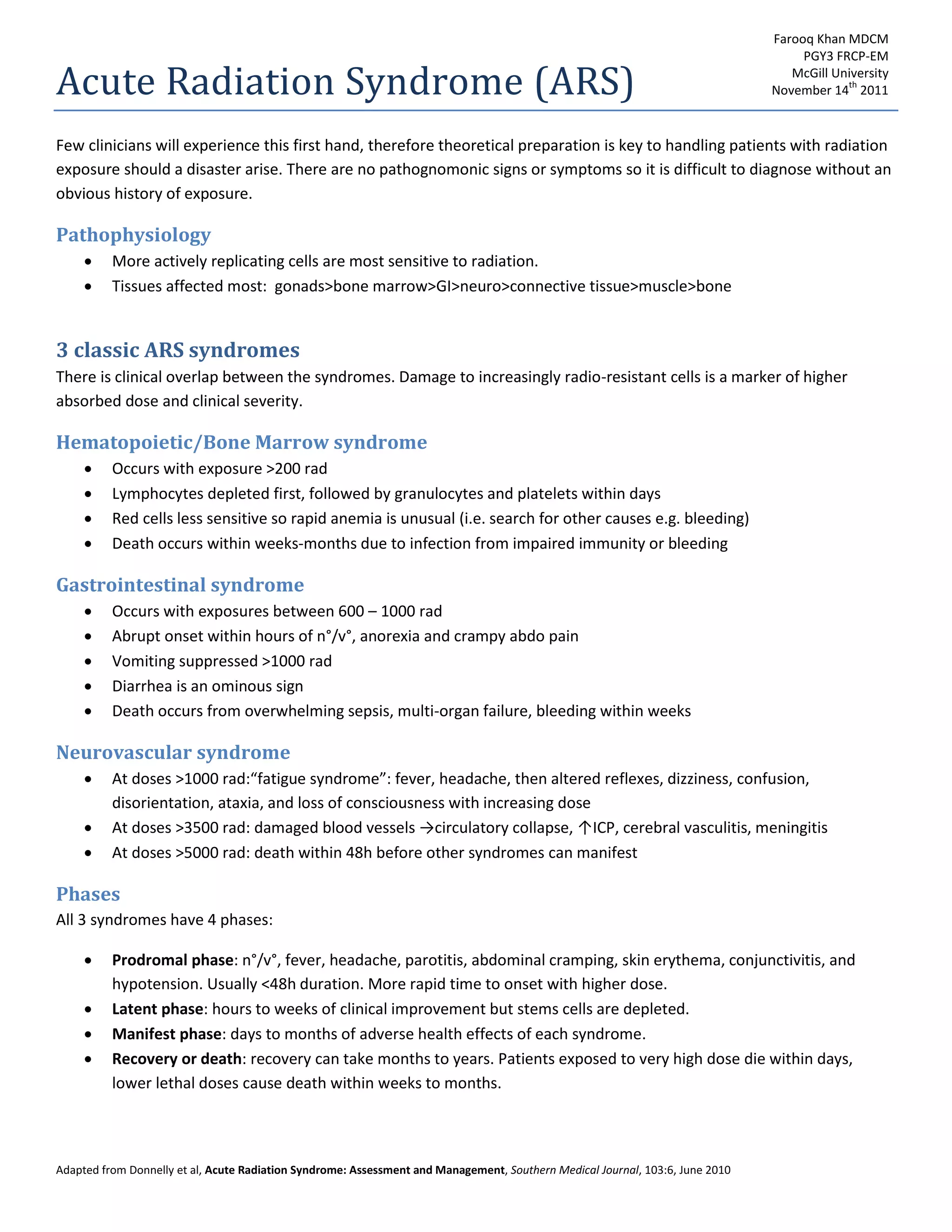 Acute radiation syndrome - handout | PDF