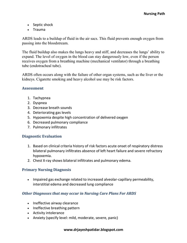 Acute respiratory distress syndrome nursing care plan & management ...