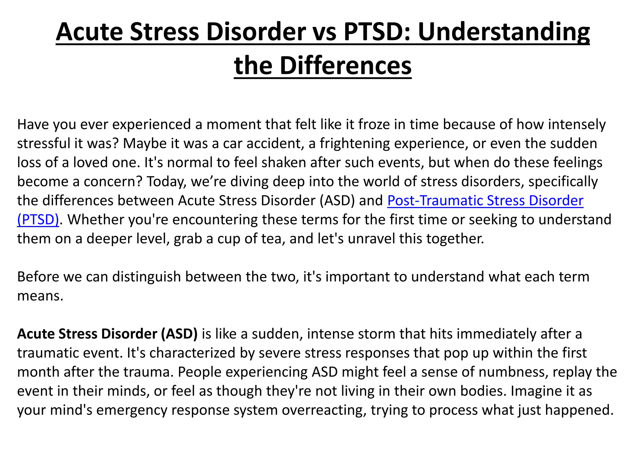 Acute Stress Disorder vs PTSD the Differences | PDF