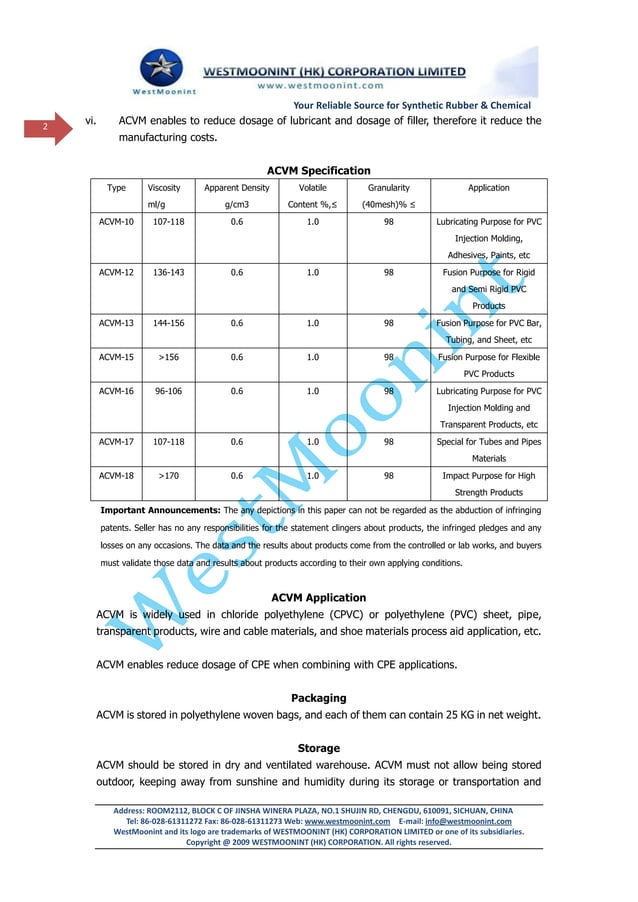Acvm data sheet, a new type of acrylic processing aid and acrylic ...