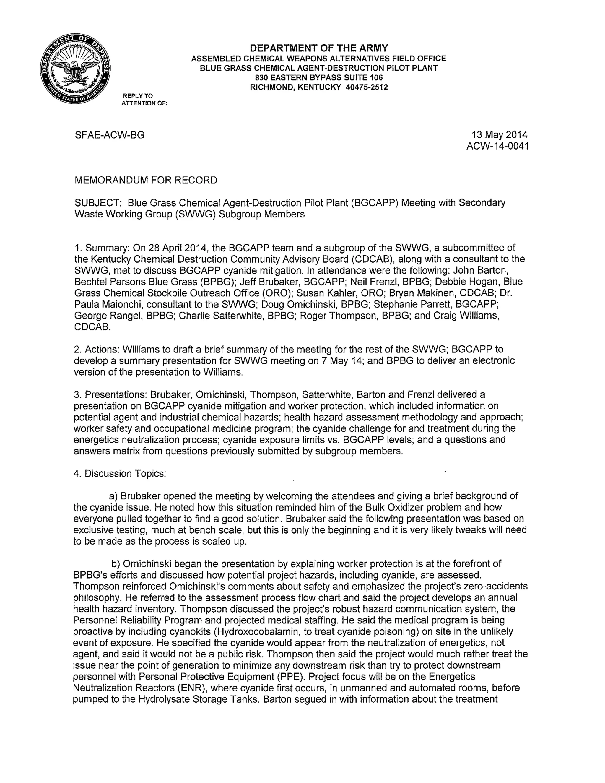 BGCAPP Meeting with Secondary Waste Working Group Subgroup Members 13 ...