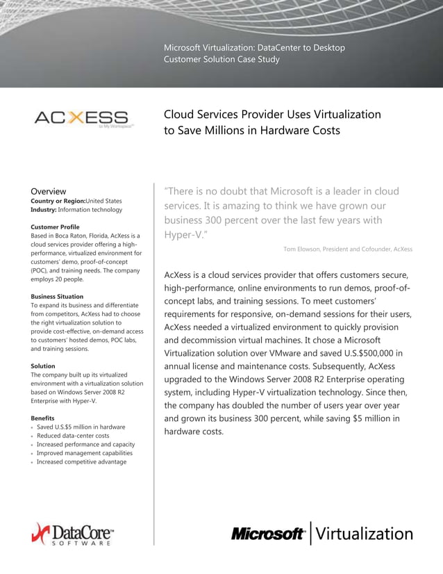 AcXess saves U.S.$5 million in hardware with Hyper V | PDF