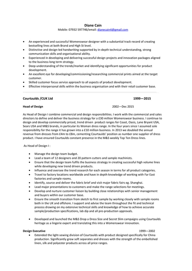Diane Cain CV 2016 | DOC