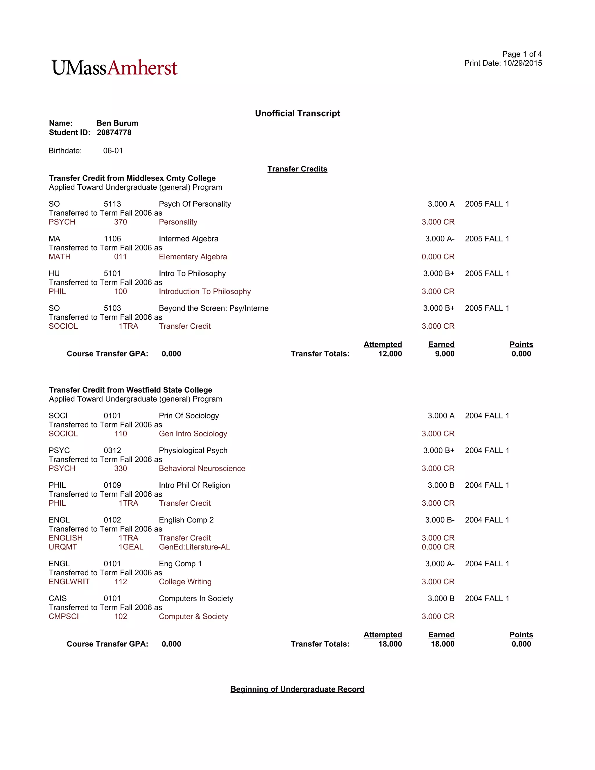 UmassAmherstUnofficialTranscript | PDF | Undergraduate Education | College Education
