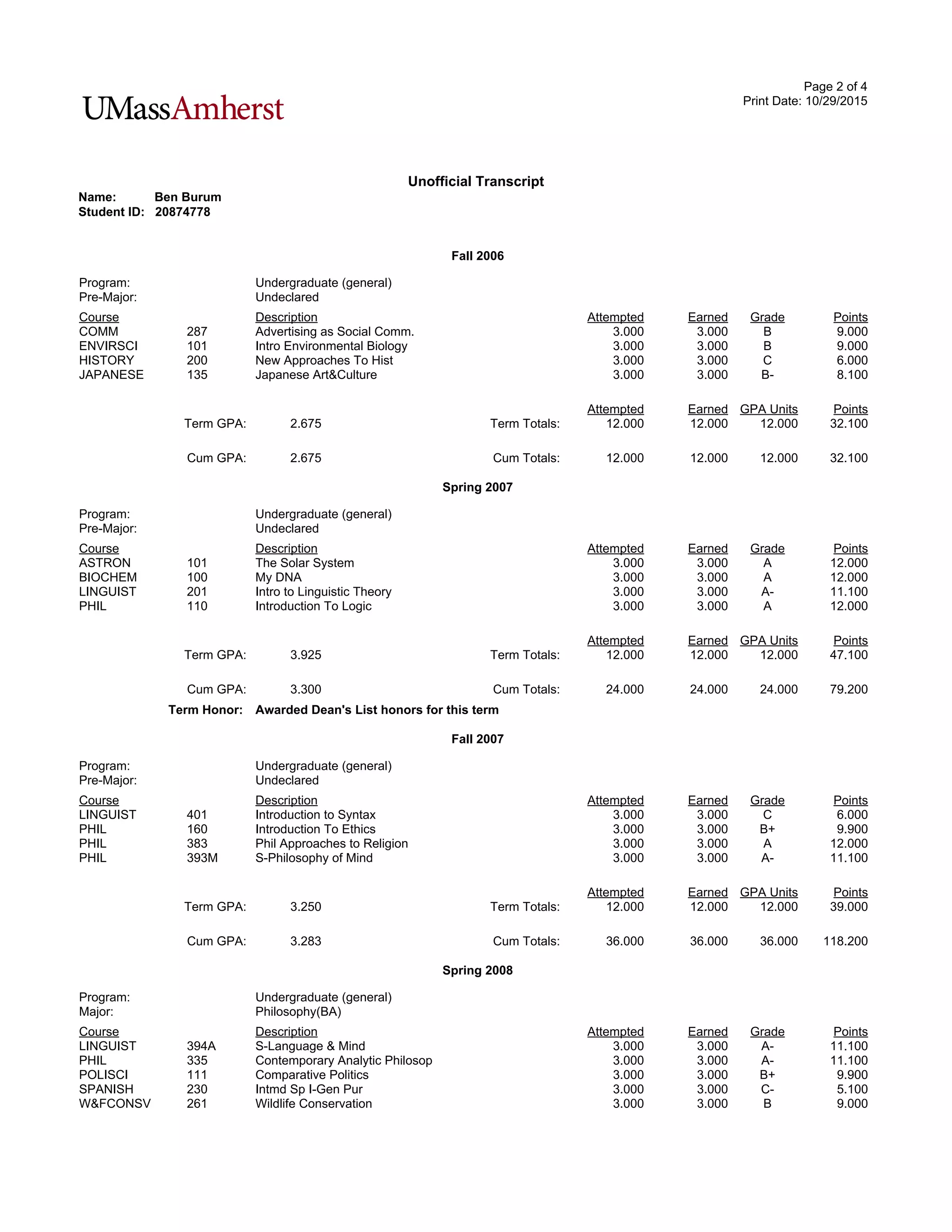 UmassAmherstUnofficialTranscript | PDF | Undergraduate Education | College Education