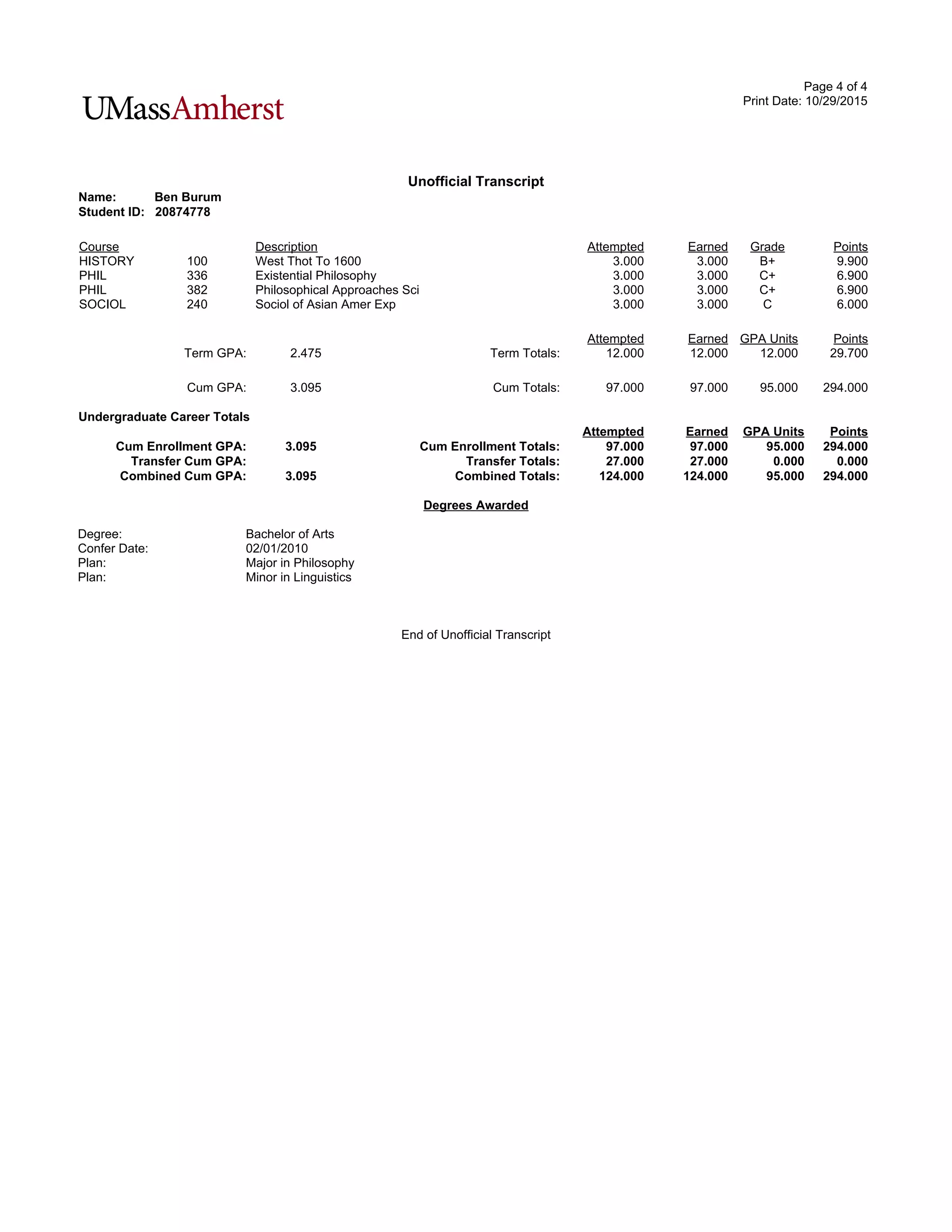 UmassAmherstUnofficialTranscript | PDF | Undergraduate Education | College Education