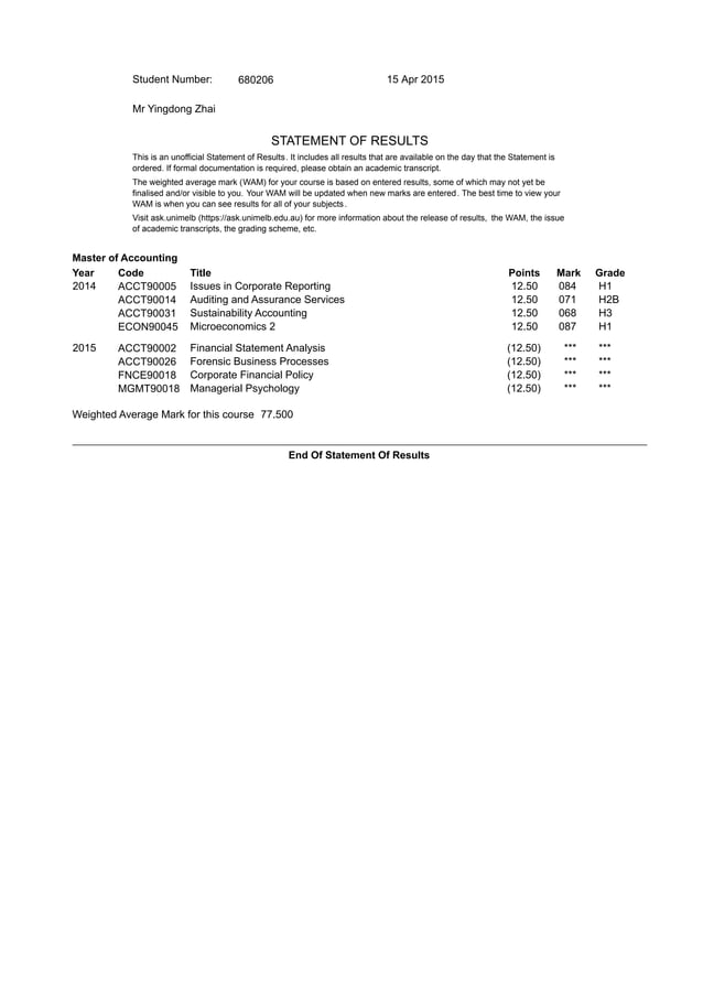 Melbourne University Transcript | PDF | Educational Assessment | Education
