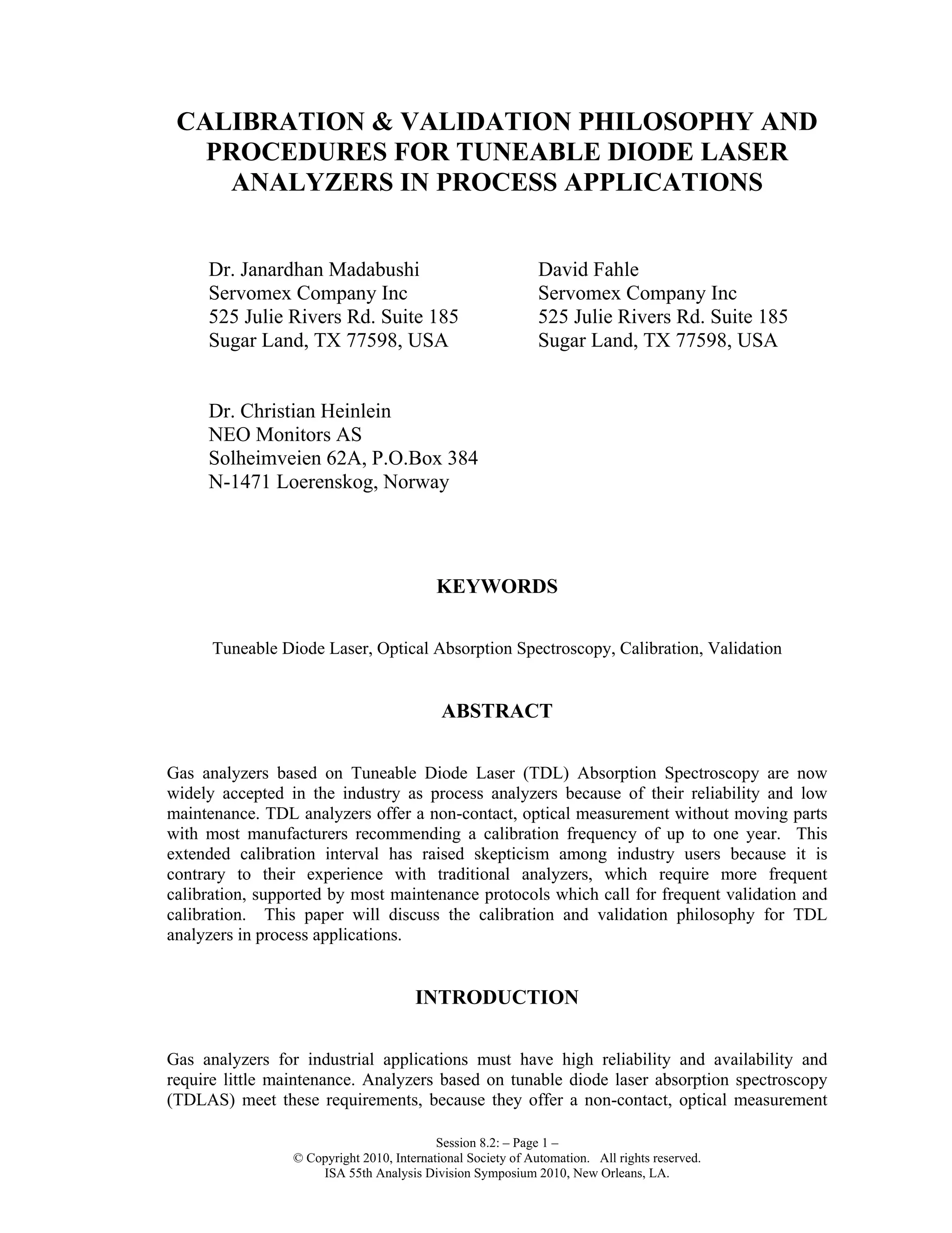 CALIBRATION & VALIDATION PHILOSOPHY AND PROCEDURES FOR TUNEABLE DIODE LASER ANALYZERS IN PROCESS ...