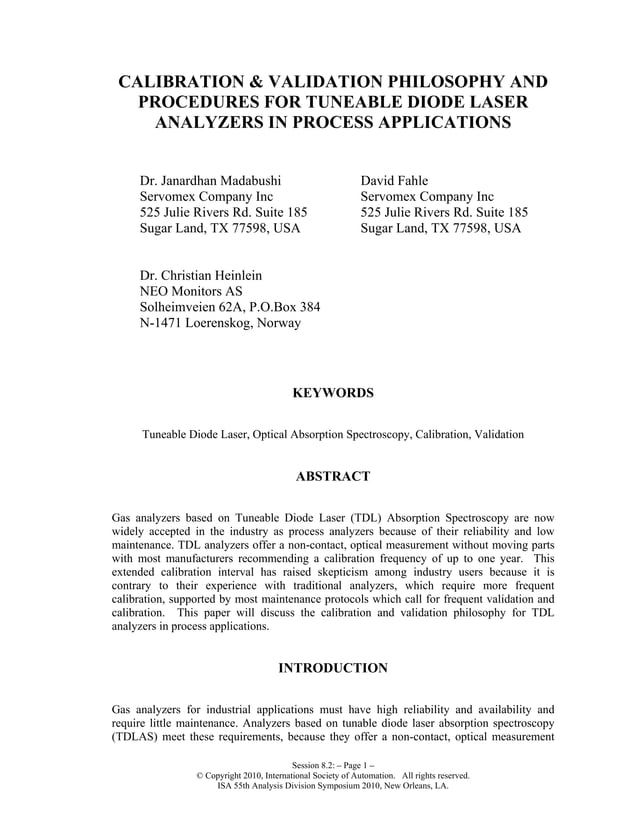 CALIBRATION & VALIDATION PHILOSOPHY AND PROCEDURES FOR TUNEABLE DIODE LASER ANALYZERS IN PROCESS ...
