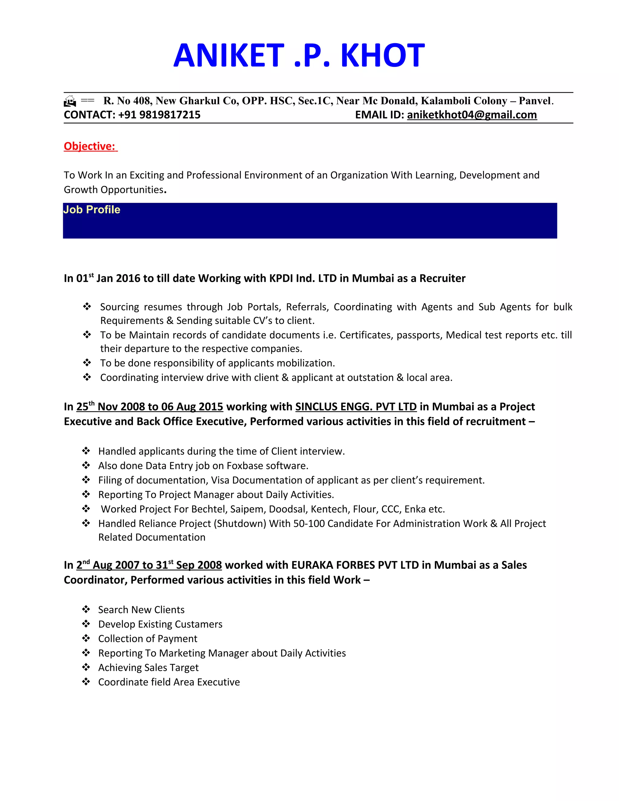 Resume Aniket Khot_Recruiter | PDF